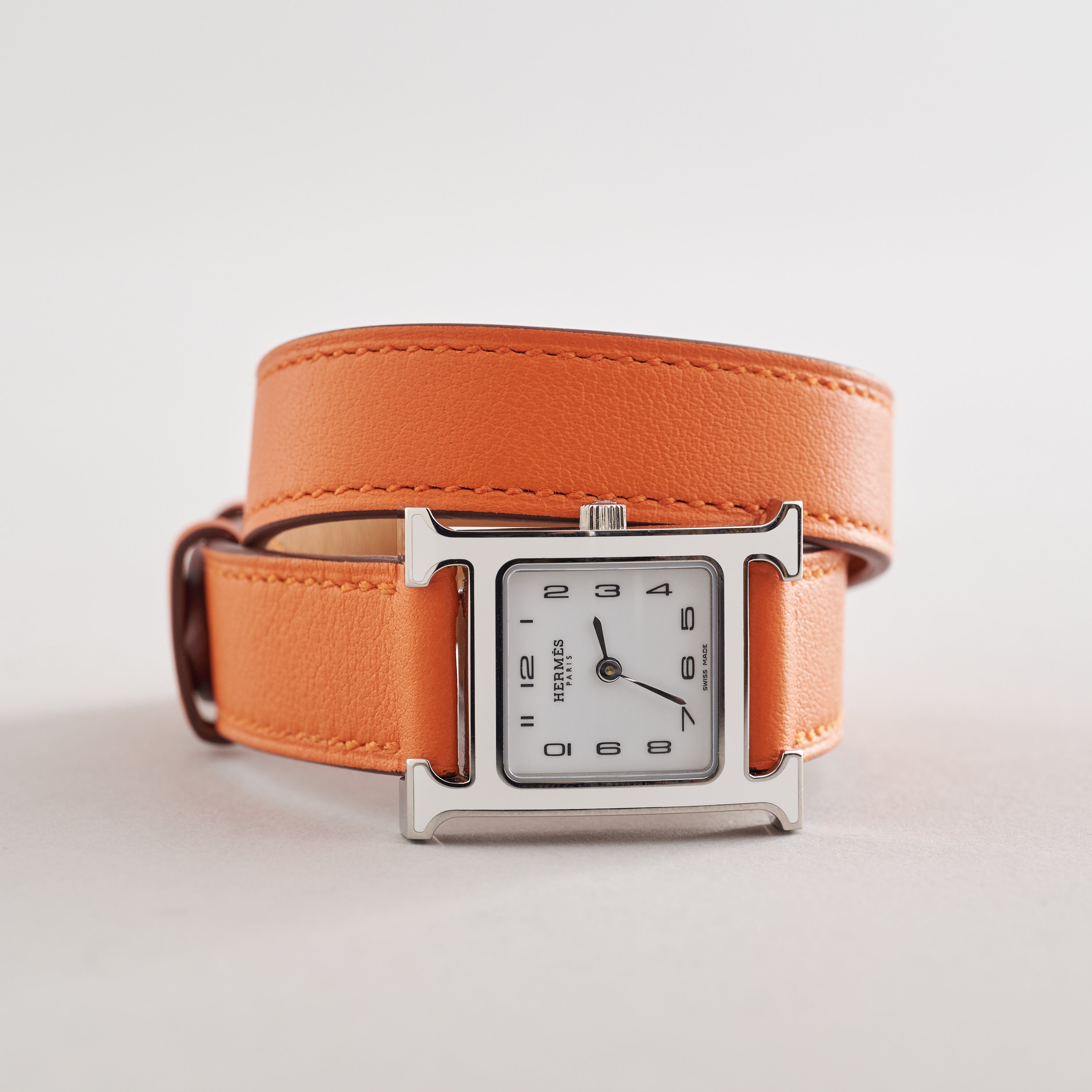 Hermès Heure H Double Tour Watch 25mm Orange PHW White Dial – eliteUSA
