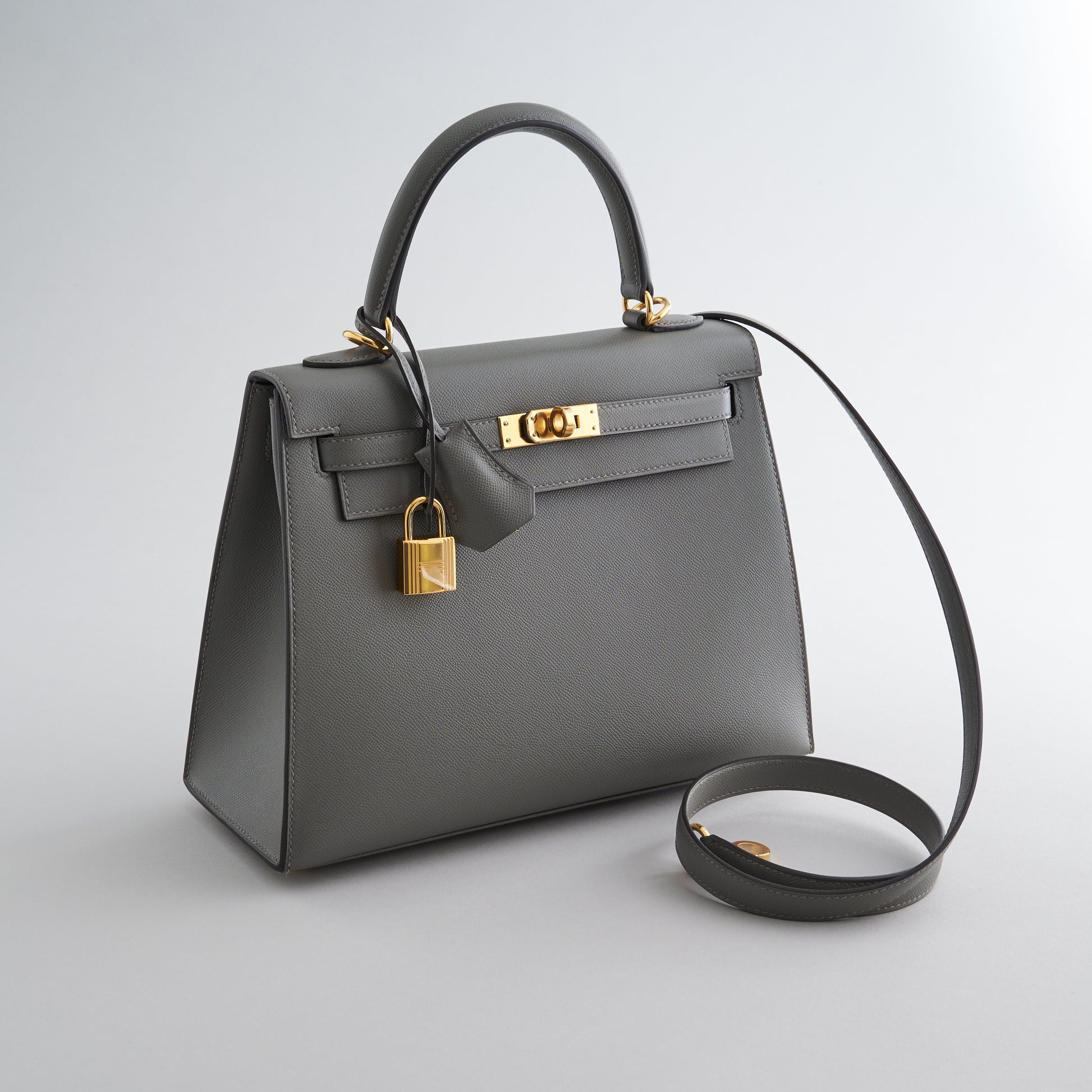 Hermès Kelly 25 Veau Madame Gris Meyer Gold Hardware Sellier – eliteUSA