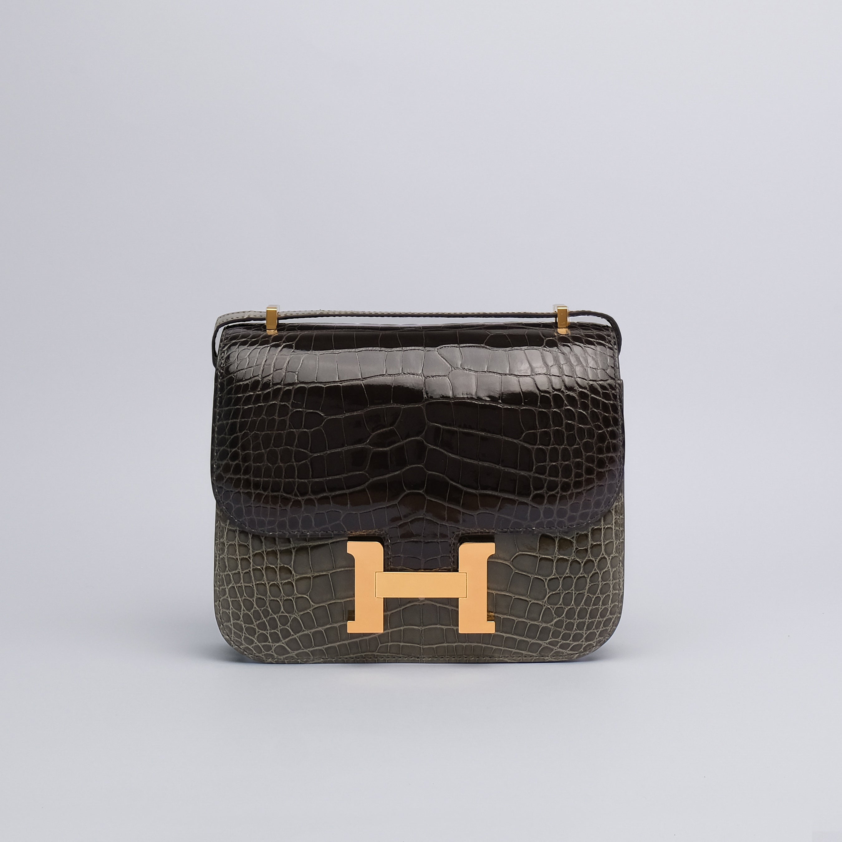 Hermès Constance Croc Shiny Gris Tourterelle/Gris Elephant Gold Hardwa ...
