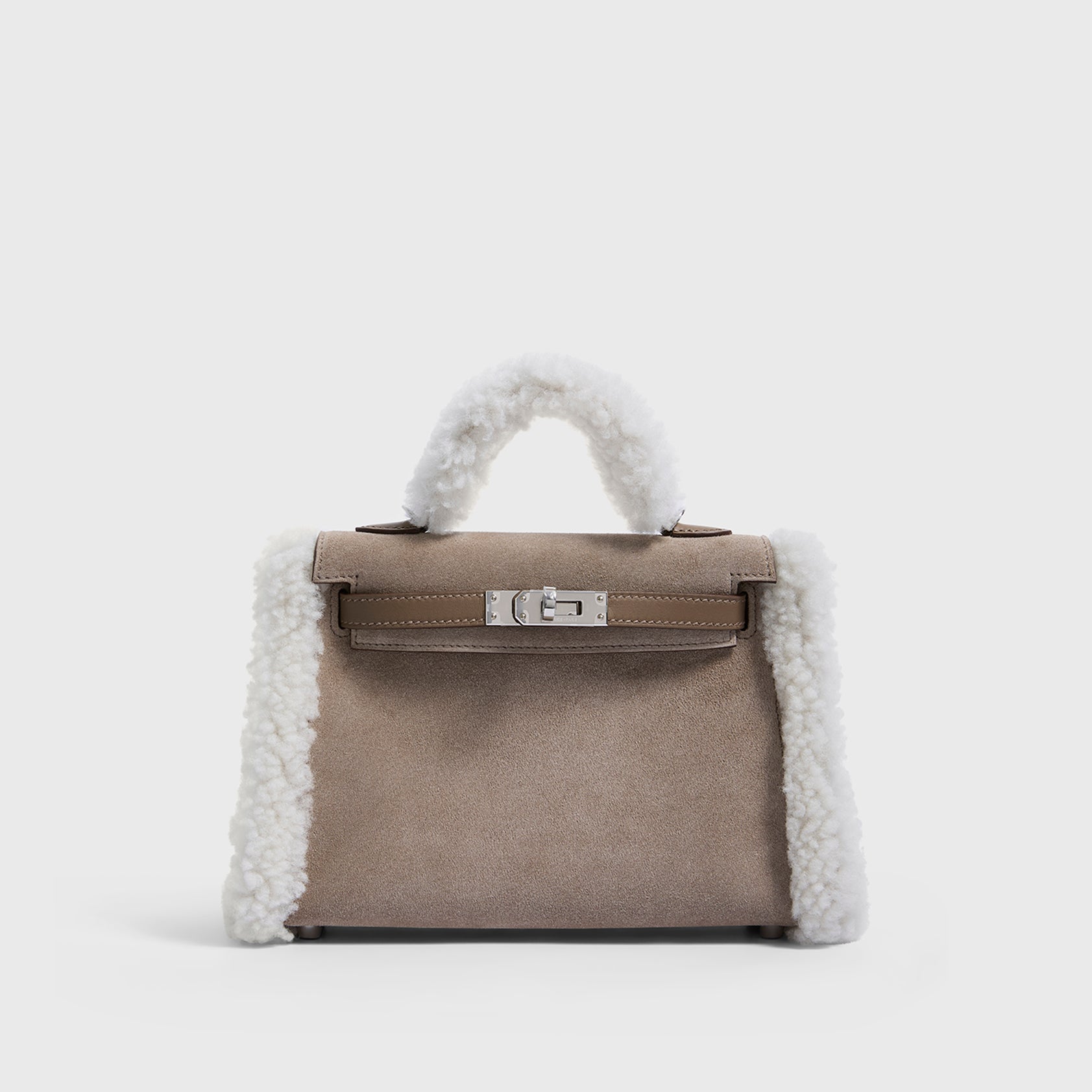 Hermès Kelly Teddy Mini Shearling, Swift, Suede Gris Caillou / Ecru